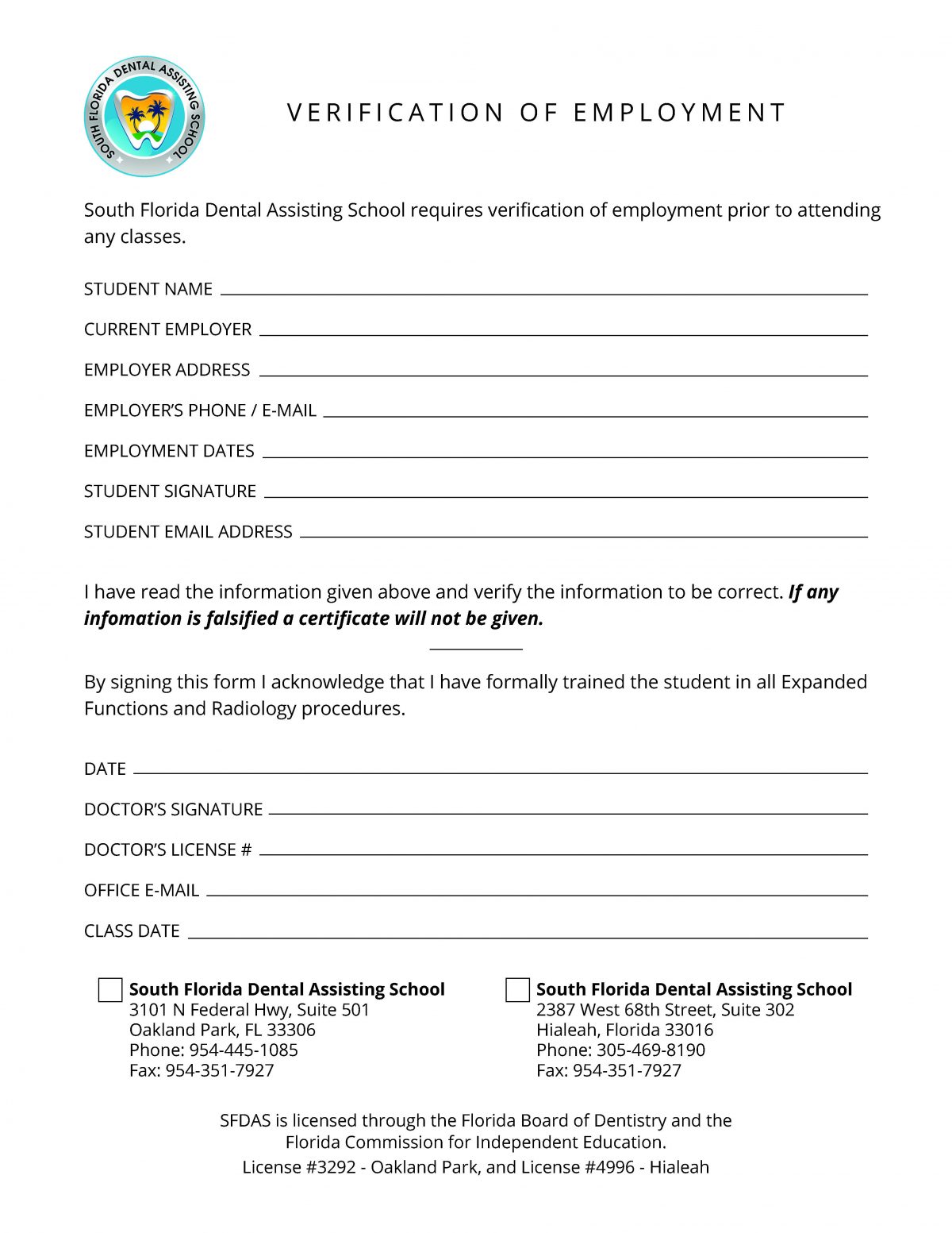 Employment Verification Form | South Florida Dental Assisting School